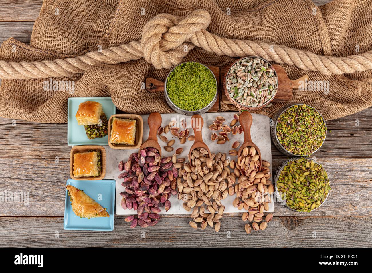 Variations of pistachios used in making pistachio baklava. Traditional ...