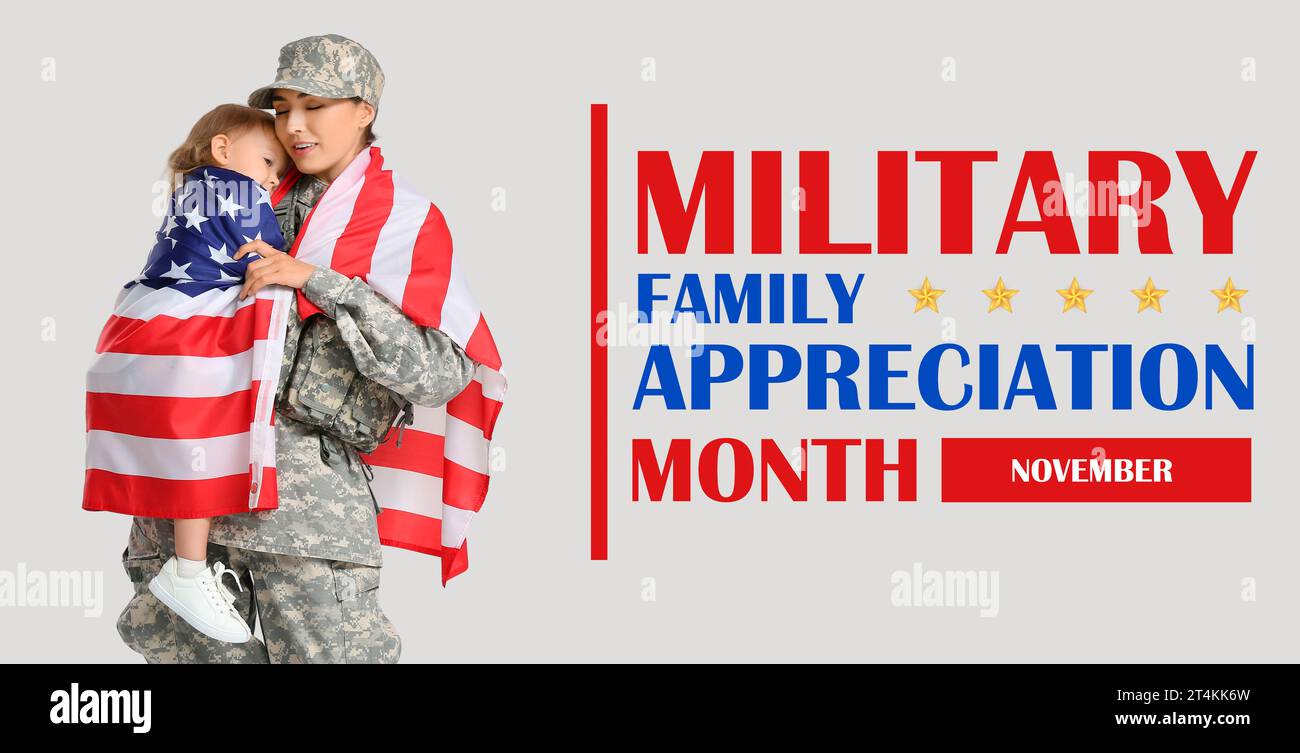 Female soldier and her little daughter with USA flag on light ...