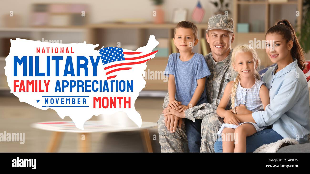Happy soldier with his family at home. National Military Family ...