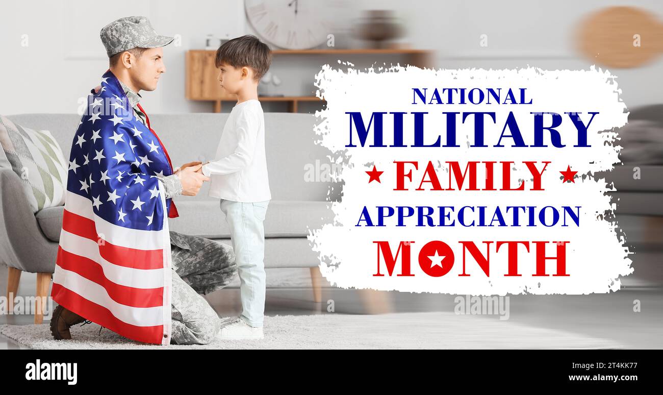 Soldier and his little son with USA flag at home. National Military ...