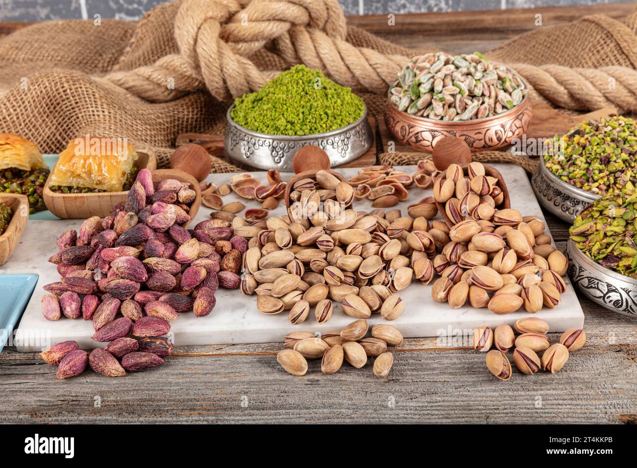 Variations of pistachios used in making pistachio baklava. Traditional ...