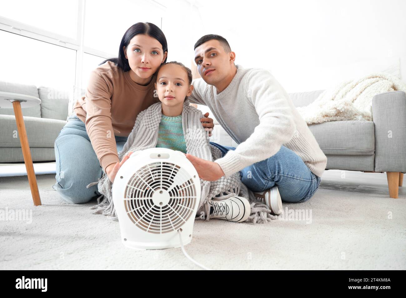 Frozen family warming hands near electric fan heater at home Stock ...