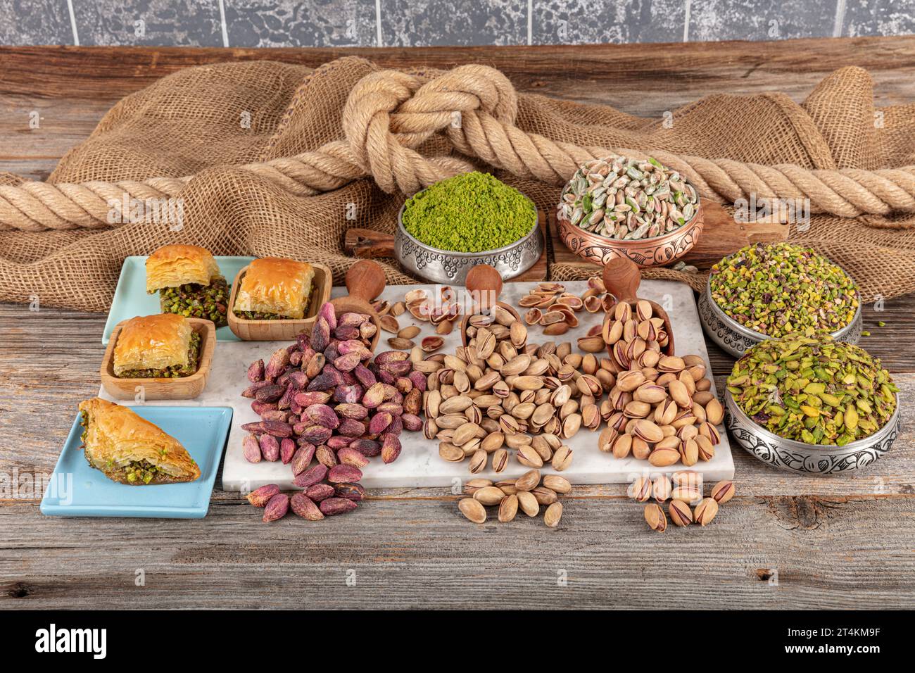 Variations of pistachios used in making pistachio baklava. Traditional ...