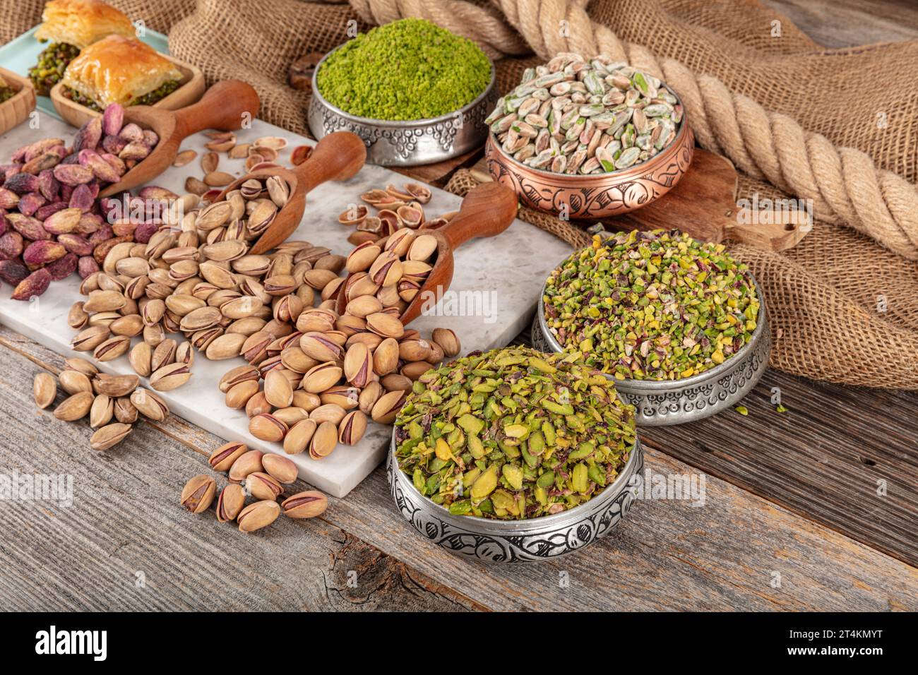 Variations of pistachios used in making pistachio baklava. Traditional ...