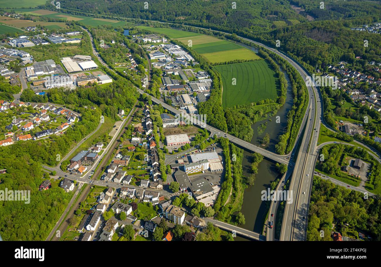 Aerial view, industrial area Im Ohl at the freeway A46, river Ruhr with ...