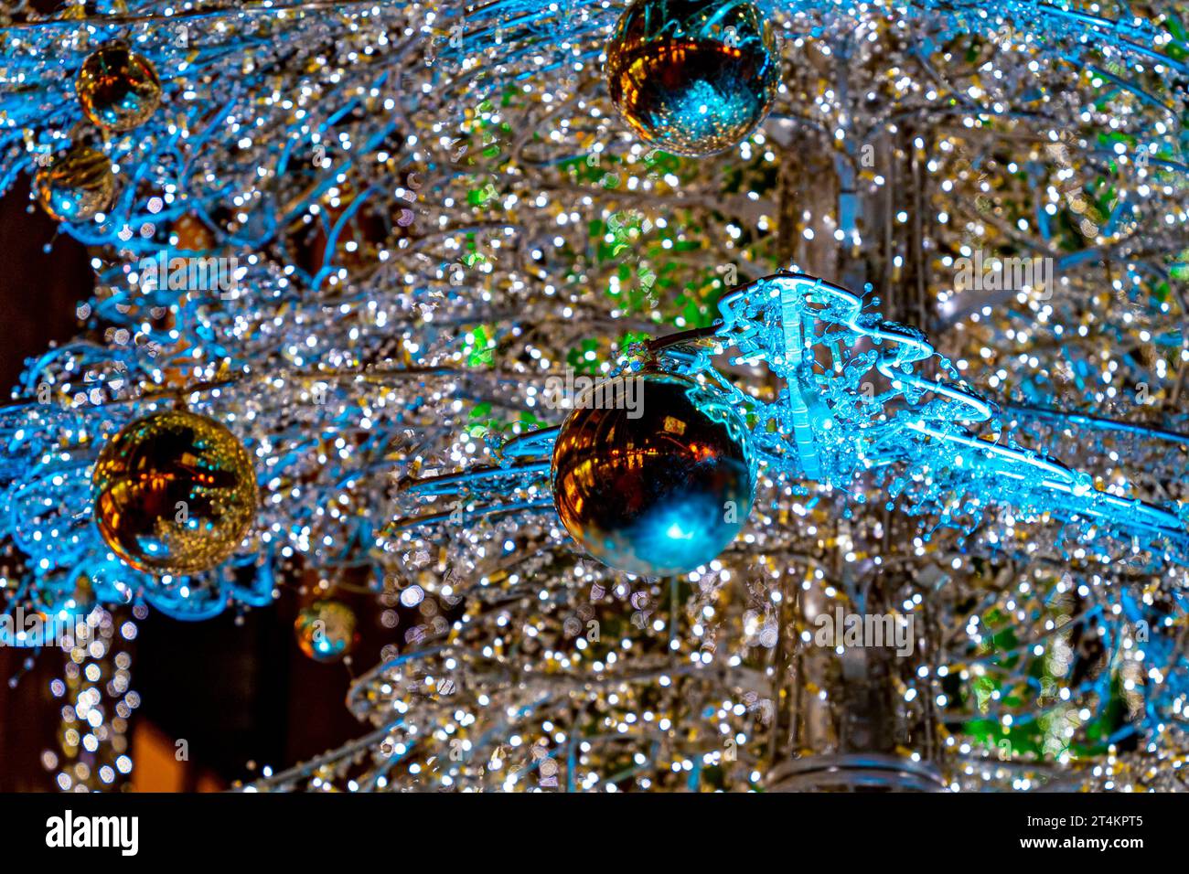 Blue and white glass Christmas tree branch with led lights and sphere ...