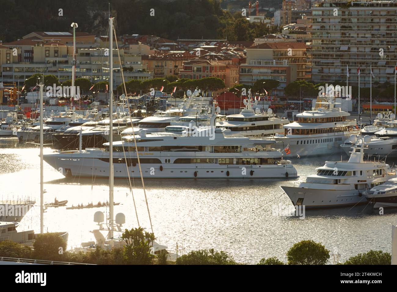 Monaco, Monte Carlo, 18 October 2022: Sunset panorama of port Hercule ...