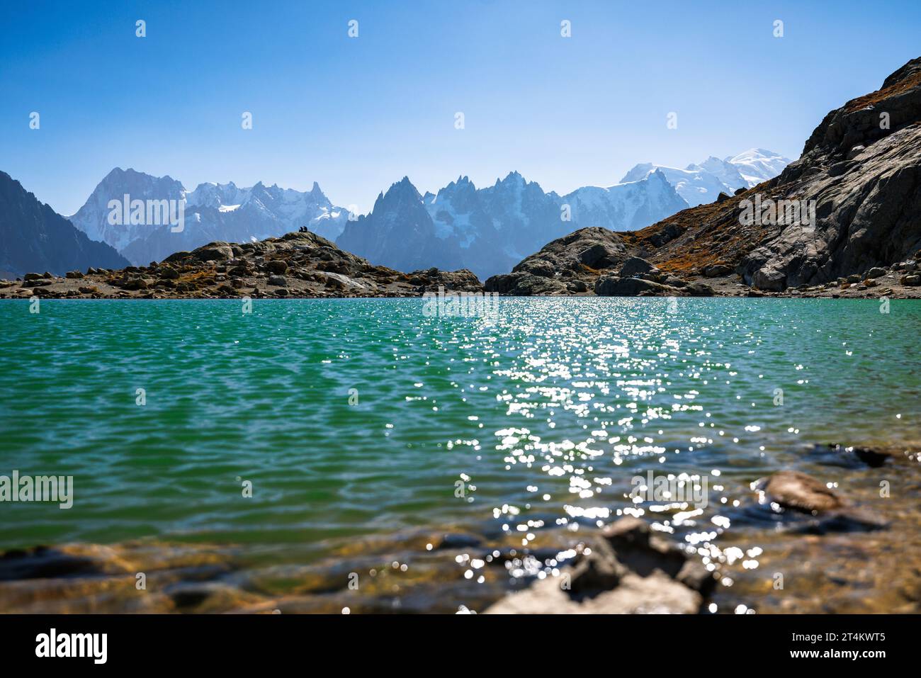 mountain lake Lac Blanc in Chamonix with mountains of the Mont Blanc ...