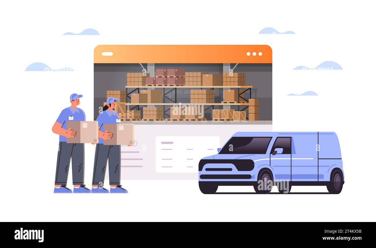 deliverymen holding cardboard boxes near delivery van couriers carrying ...