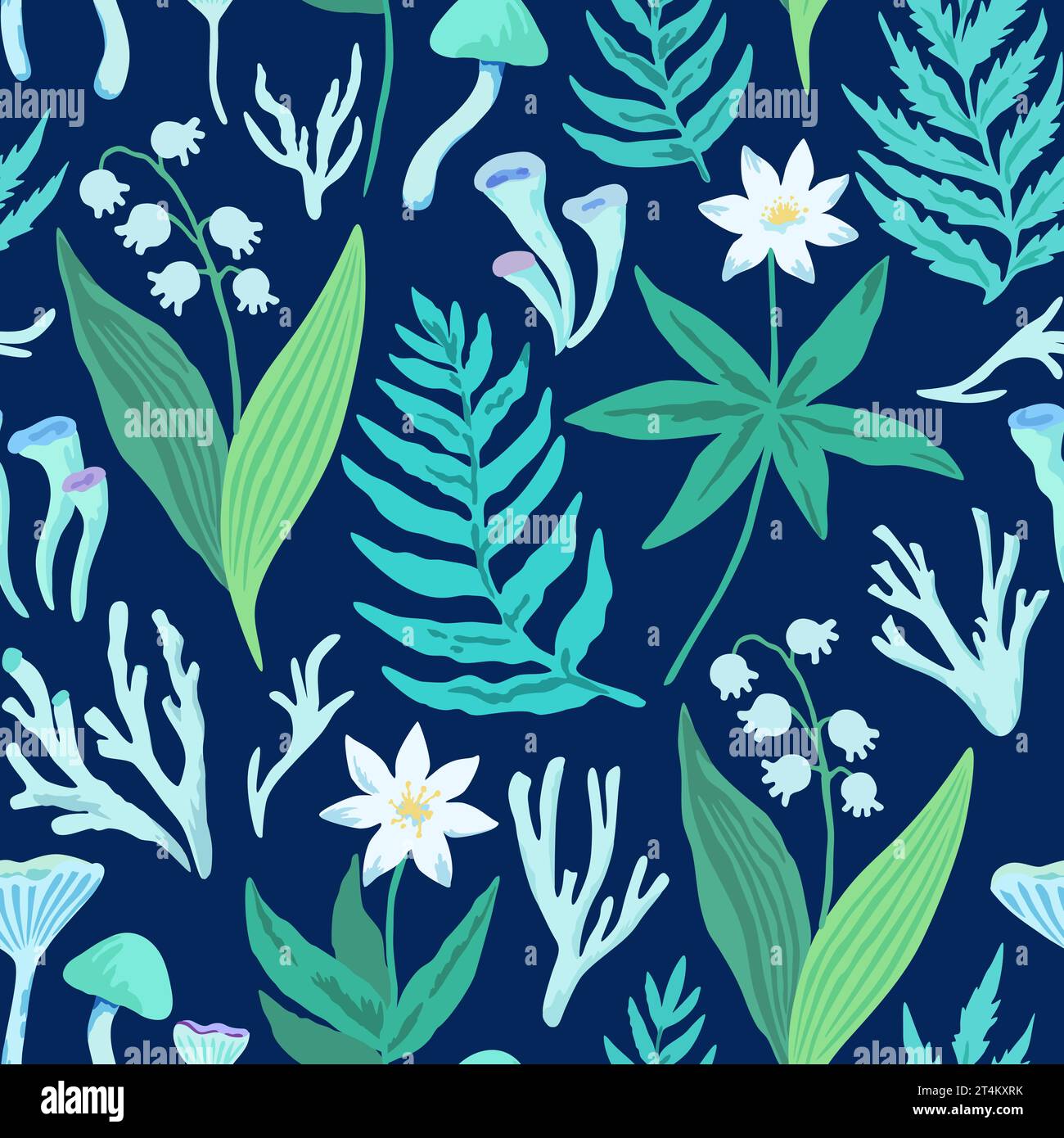Atmospheric seamless pattern with plant forest elements, spring flowers, ferns and mushrooms ...