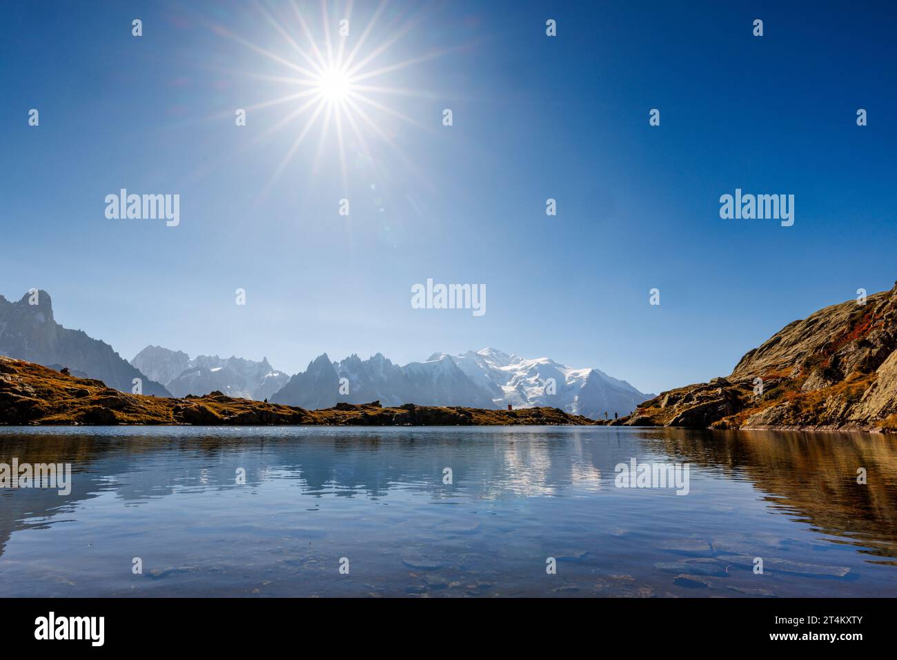 mountain lake Lac Blanc in Chamonix with mountains of the Mont Blanc ...