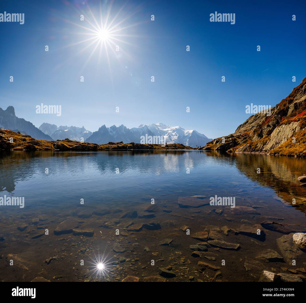 mountain lake Lac Blanc in Chamonix with mountains of the Mont Blanc ...