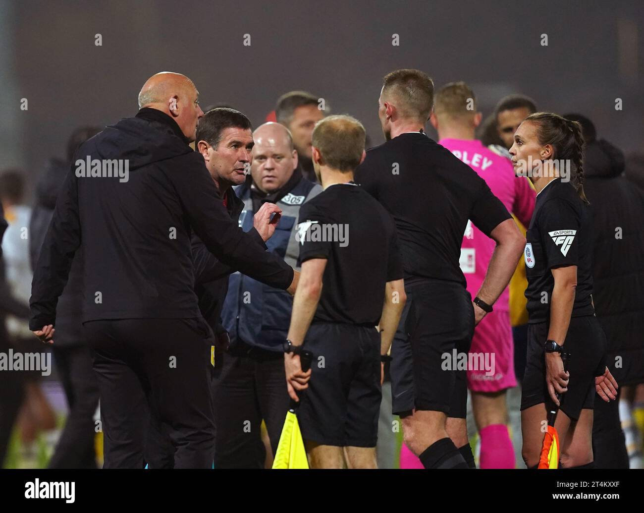 Mansfield Town manager Nigel Clough addresses the officials following ...