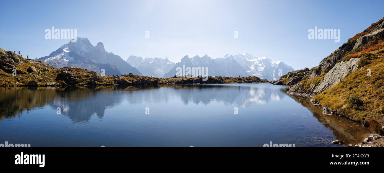 mountain lake Lac Blanc in Chamonix with mountains of the Mont Blanc ...