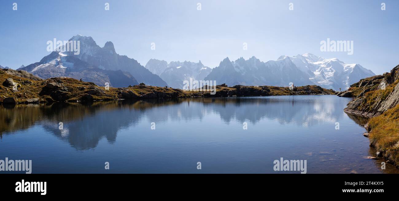 mountain lake Lac Blanc in Chamonix with mountains of the Mont Blanc ...
