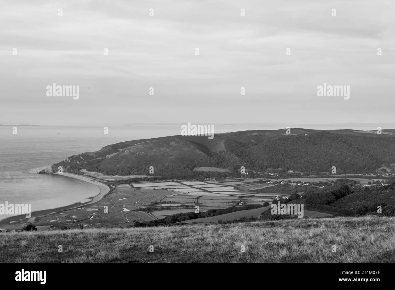 View from the top of Porlock Hill of Bossington beach and Hurlstone ...