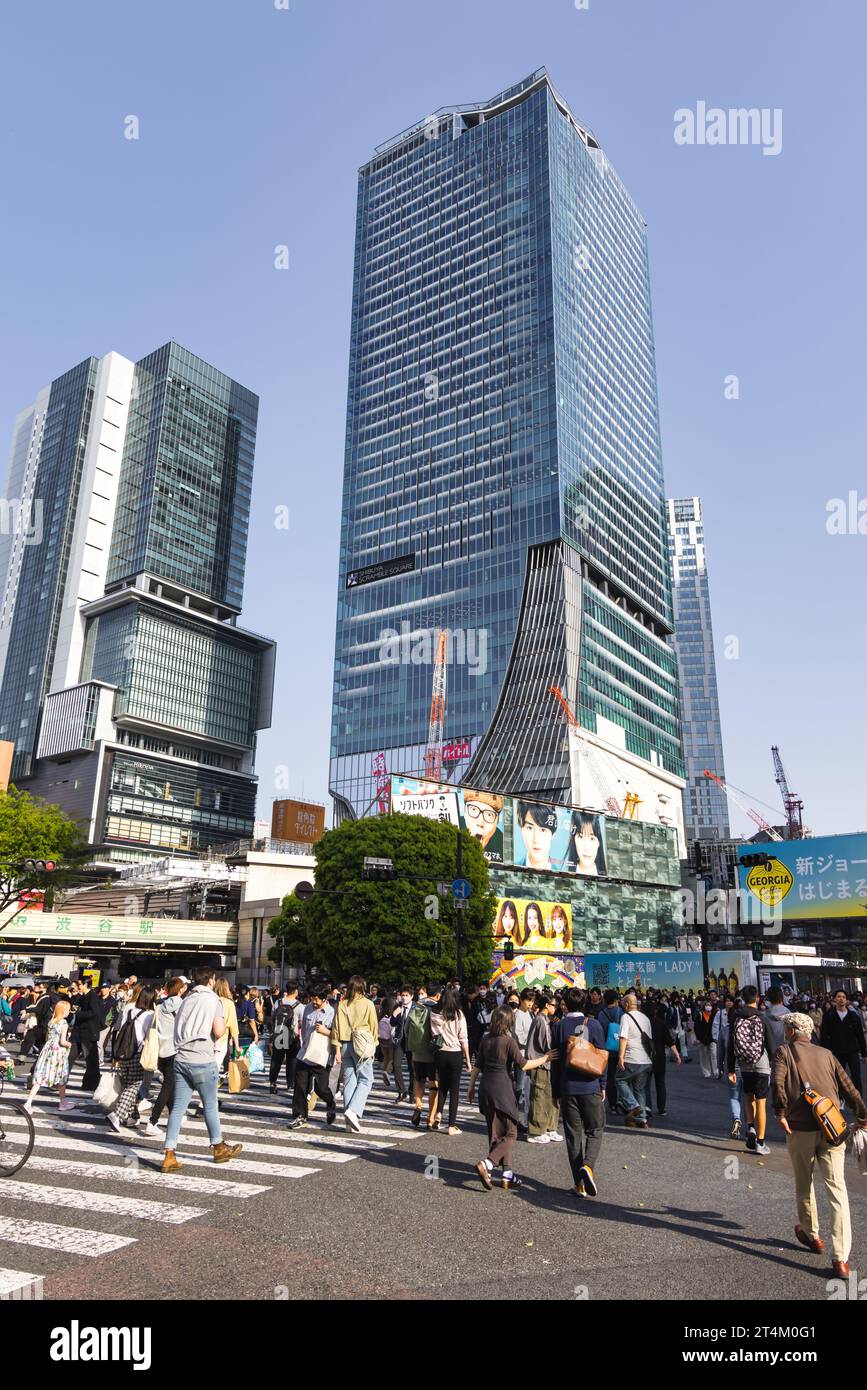 Tokyo, Japan - April 11, 2023: street view with Shibuya Scramble Square ...