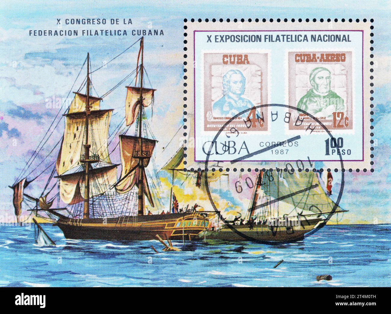 Souvenir Sheet with cancelled postage stamp printed by Cuba, that shows ...
