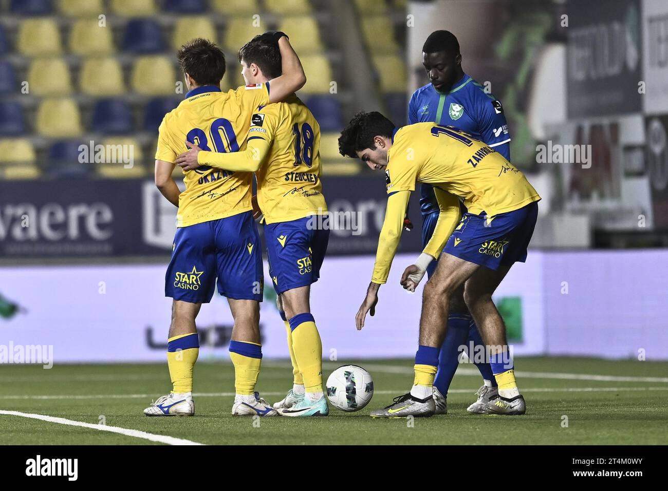 Sint Truiden, Belgium. 01st Nov, 2023. STVV's Shinji Okazaki and STVV's Jarne Steuckens ...