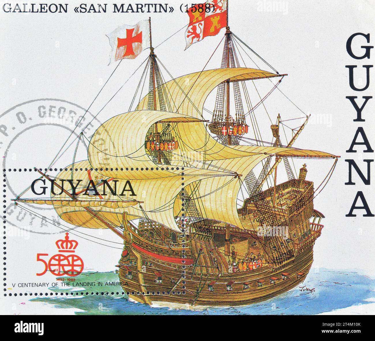 Souvenir Sheet with cancelled postage stamp printed by Guyana, that ...