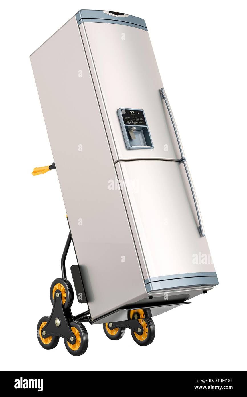 Hand truck with fridge. Appliance delivery concept. 3D rendering ...