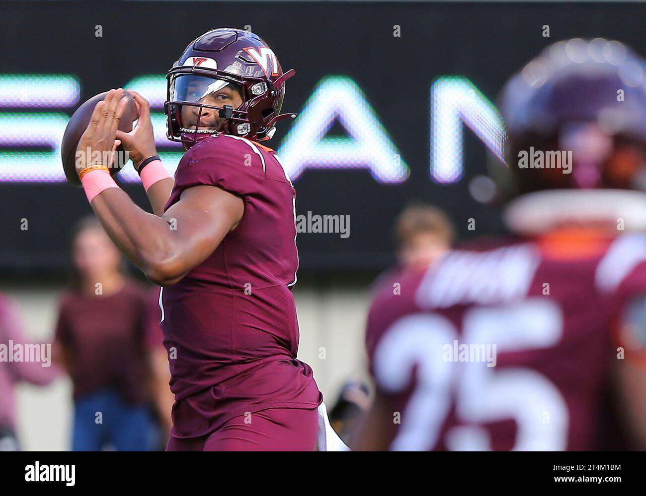 BLACKSBURG, VA - OCTOBER 14: Virginia Tech Hokies Quarterback Kyron Drones (1) throws a pass ...