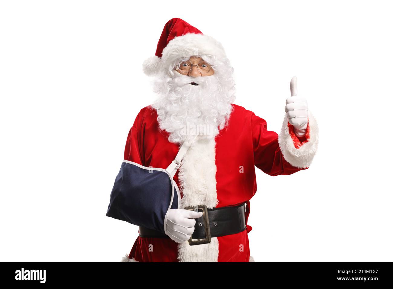 Santa Claus with an arm injury wearing a sling and gesturing thumbs up ...