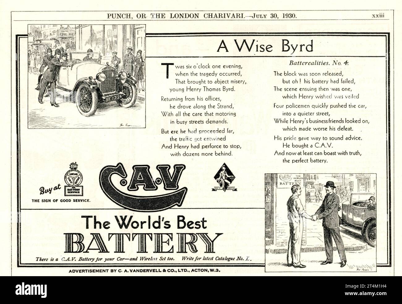 C.A.V. THE WORLD'S BEST BATTERY 1930 British Magazine Advertisement ...