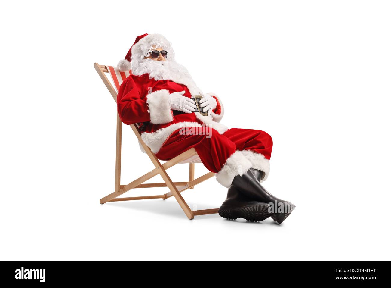Santa claus wearing sunglasses and sitting on a deck chair isolated on ...