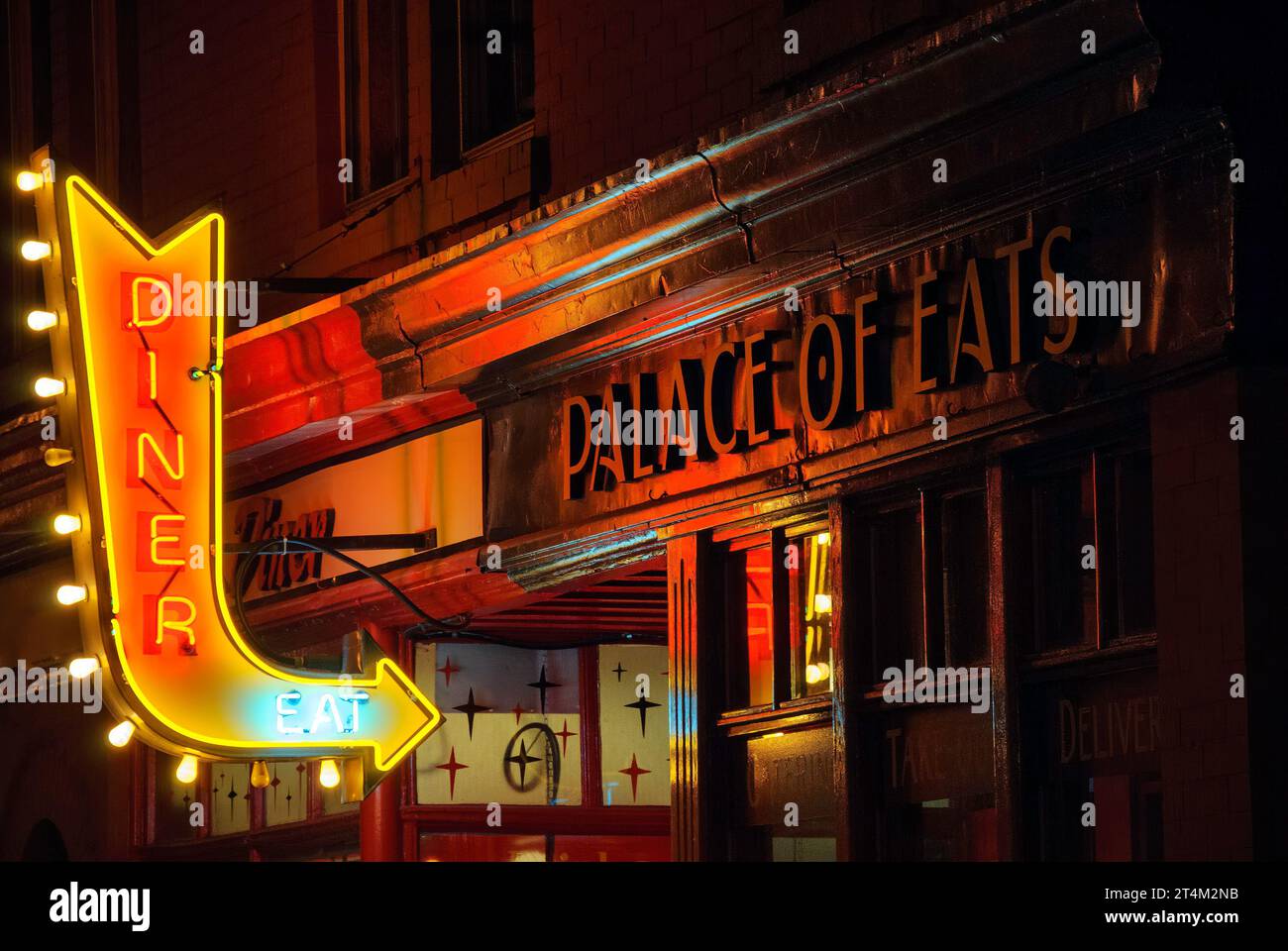 Palace of Eats diner vintage neon diner sign at night, circa 50s or 60s ...