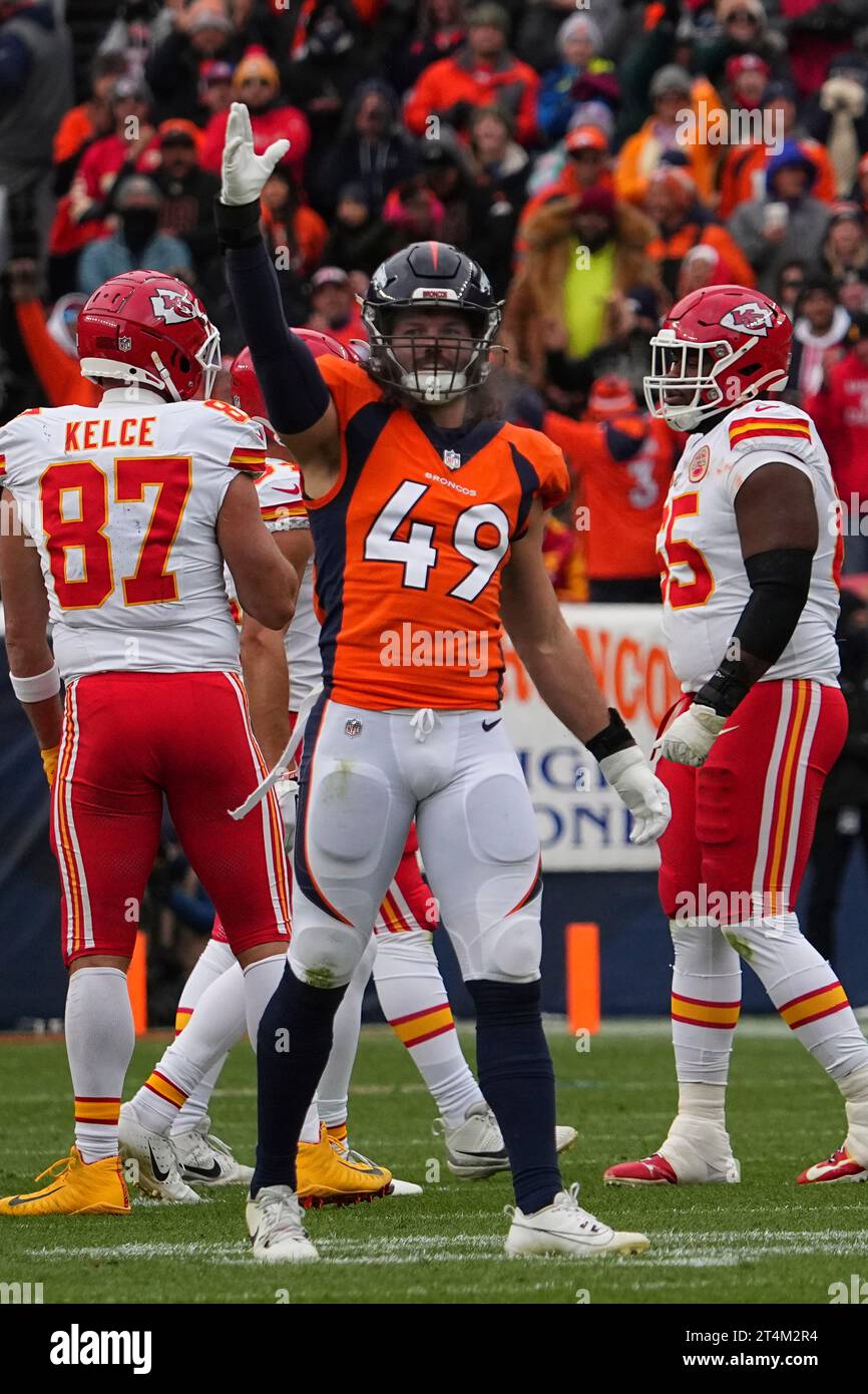 Denver Broncos linebacker Alex Singleton (49) reacts to a play against ...