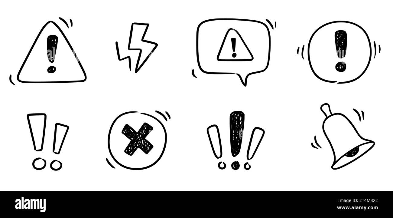 Doodle exclamation mark, alert danger sign set. Scribble hand drawn ...