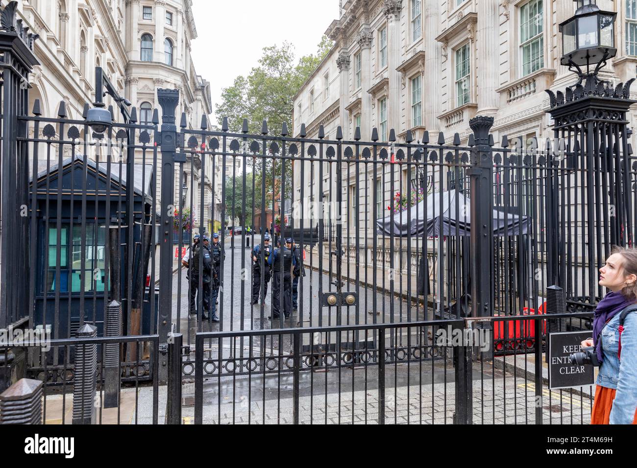 Downing Street Westminster London, security entrance off Whitehall with ...