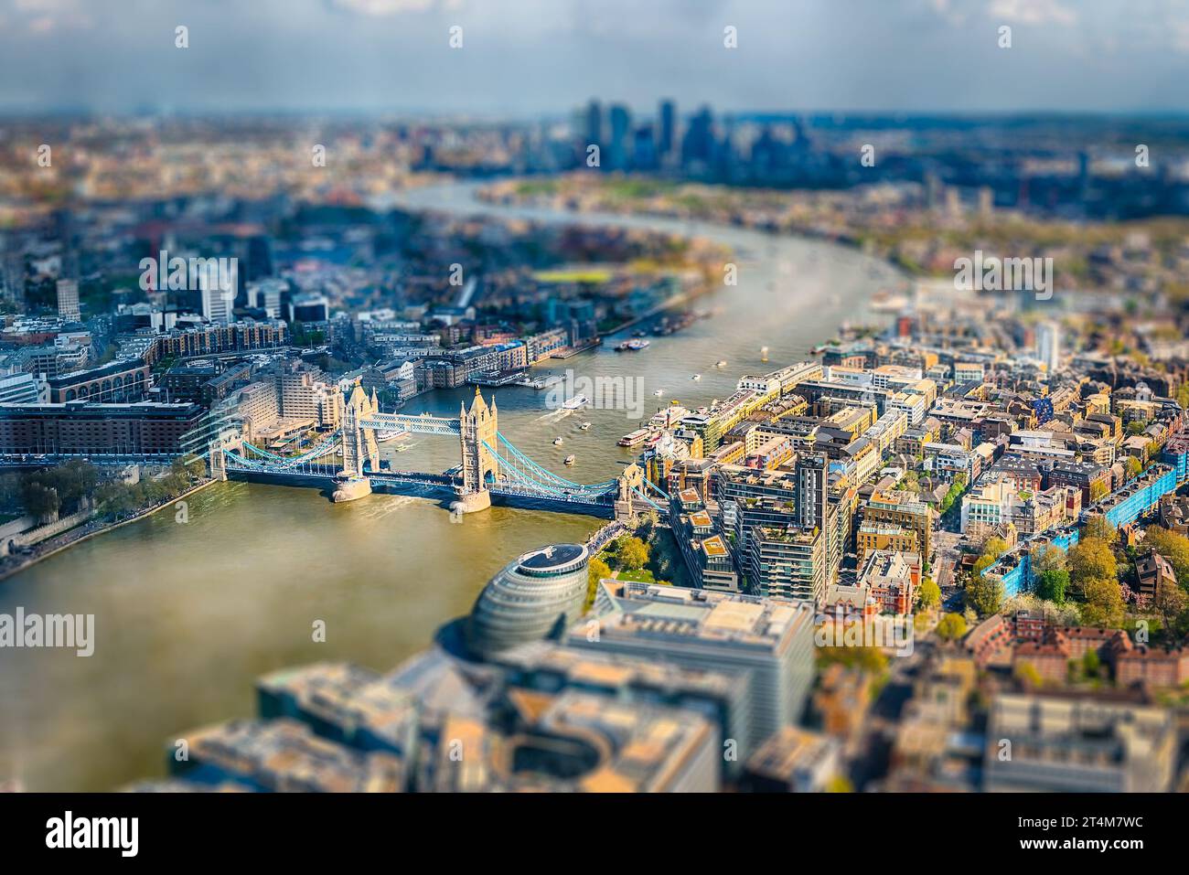 Scenic aerial view of London, over the river Thames towards Canary ...
