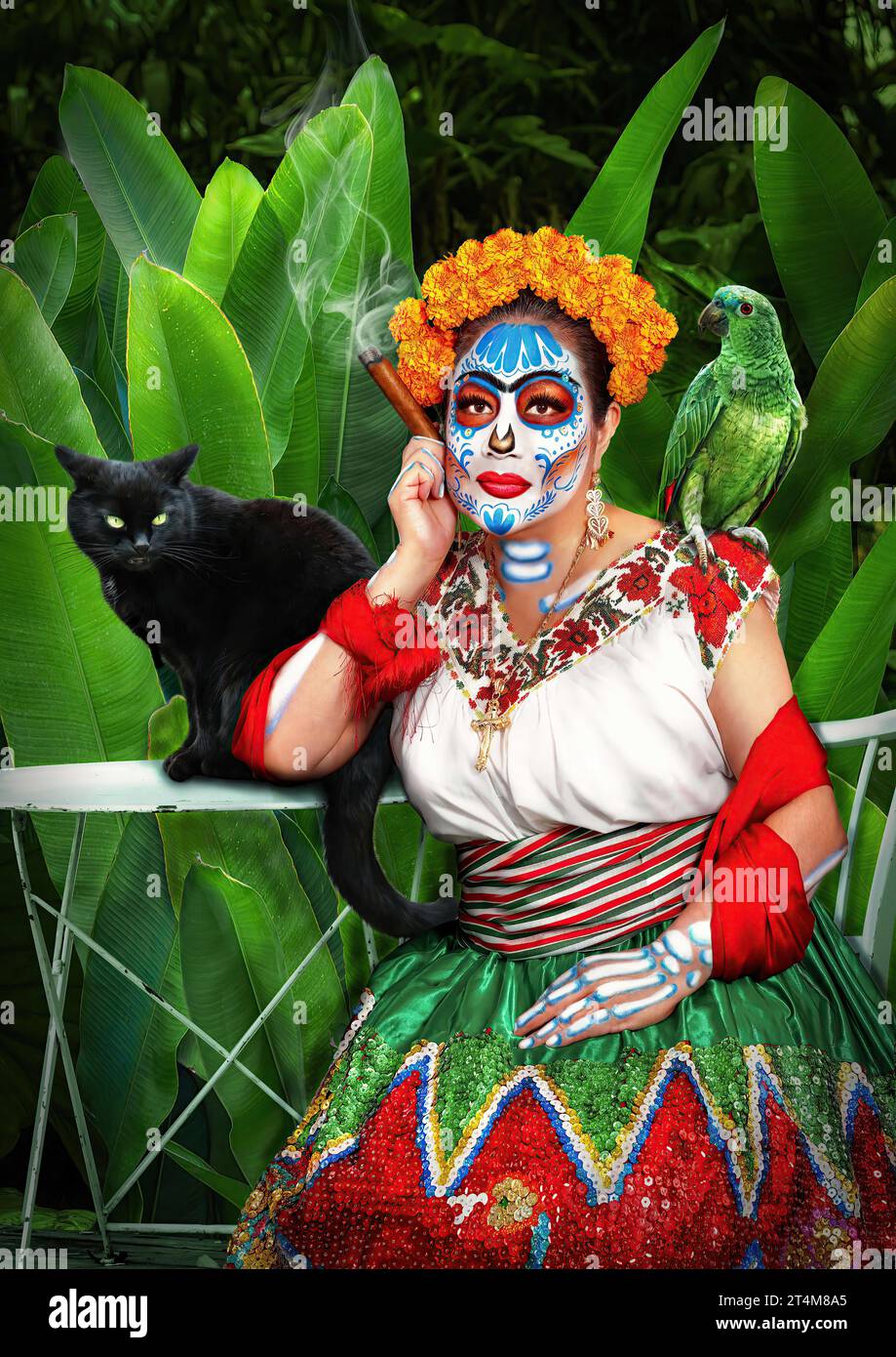 Fresno, California, USA. 1st Nov, 2023. A catrina with a cat and parrot ...