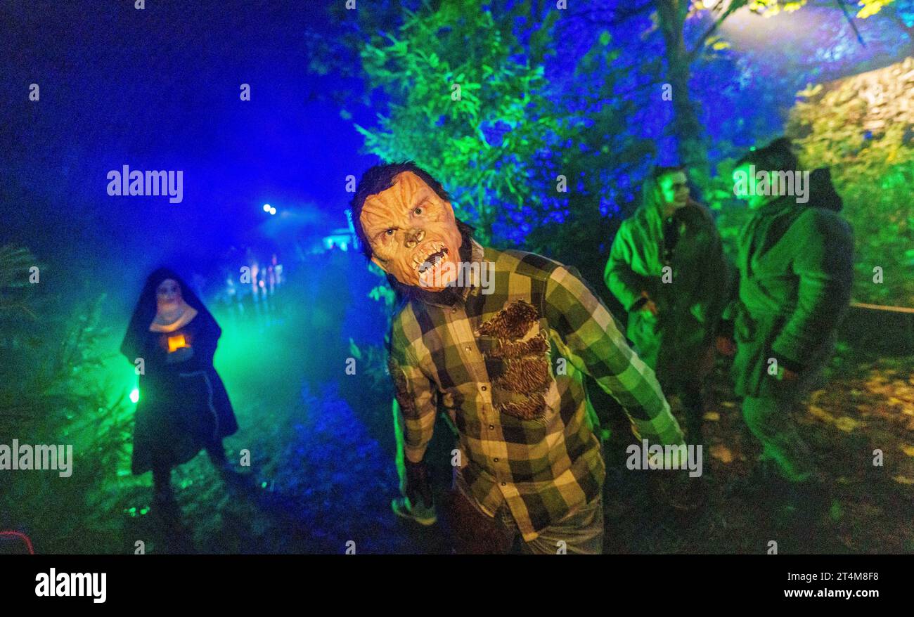 Hesse, Mühltal: 31 October 2023, A werewolf scares the audience. This ...