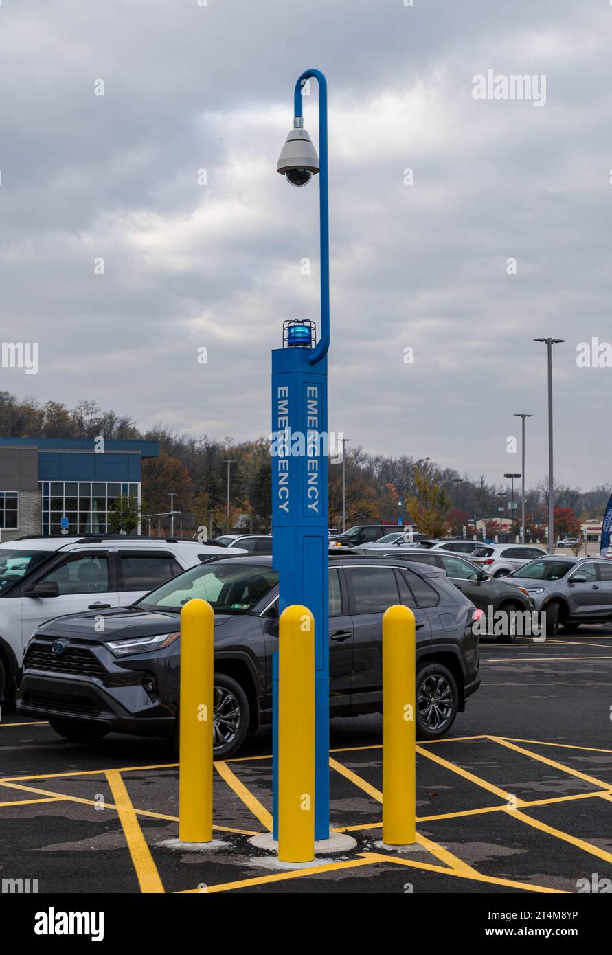 An emergency call station in a parking lot in Monroeville, Pennsylvania ...