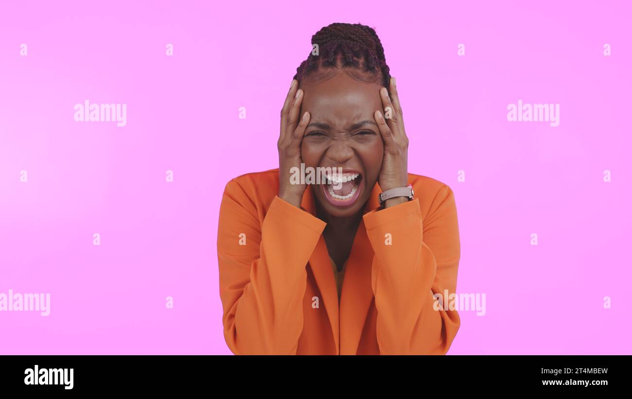 Woman, scream and hands on face for stress, overwhelmed and burnout in ...