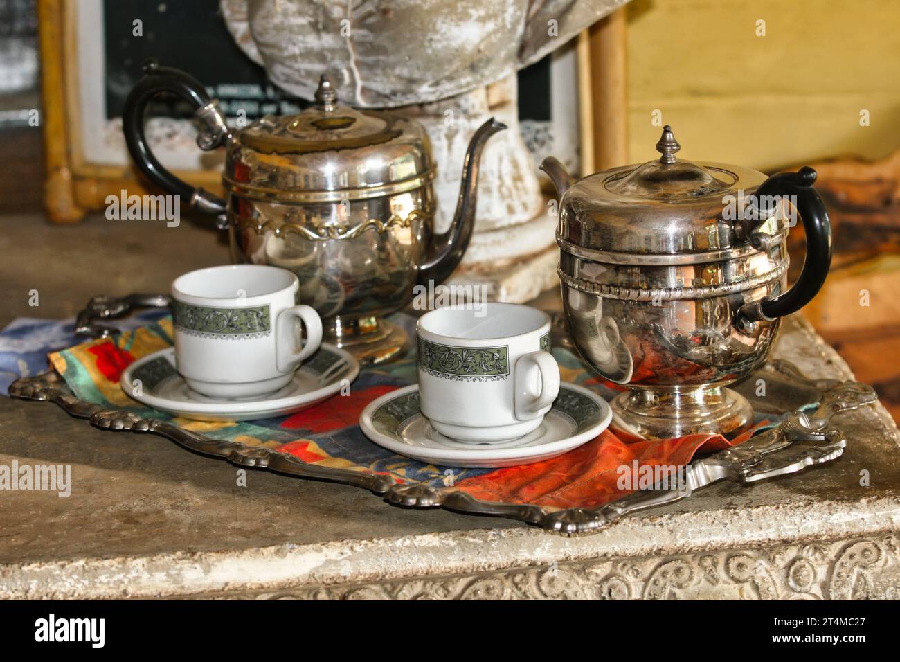 retro silverware tea set, Victorian era, served outdoors on the veranda ...