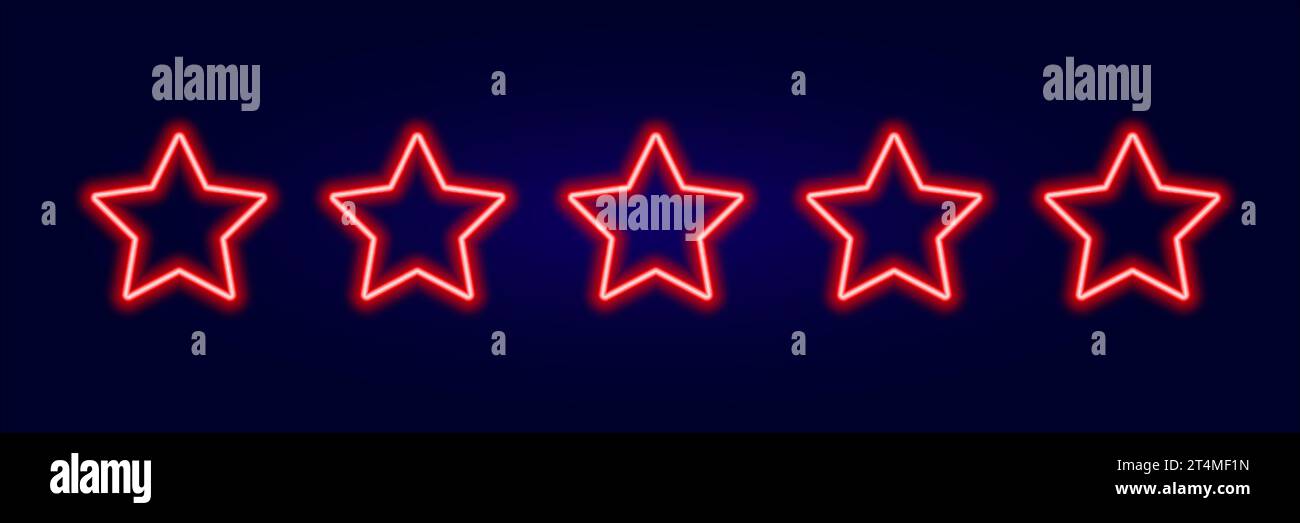 5 stars rating red neon glow on dark background vector. Glowing rank ...