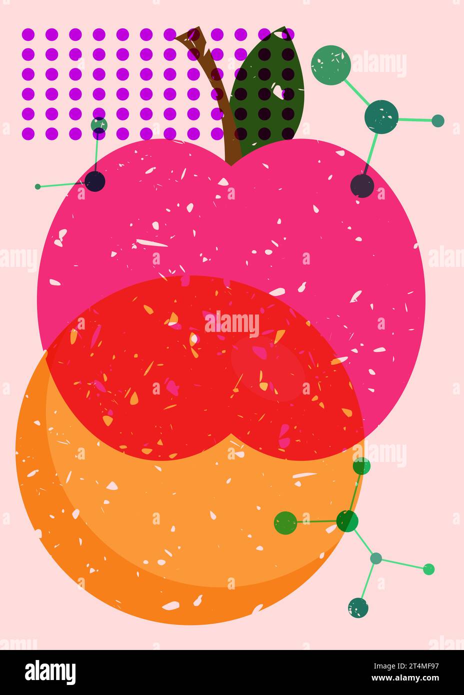 Risograph apple with geometric shapes. Fruit and object in trendy riso ...