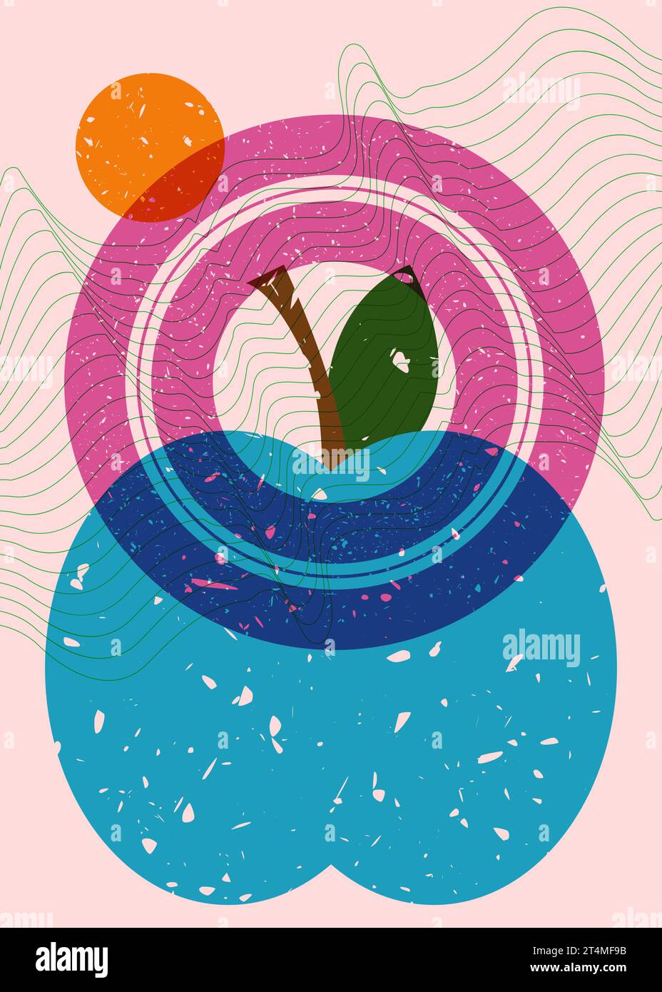 Risograph apple with geometric shapes. Fruit and object in trendy riso ...