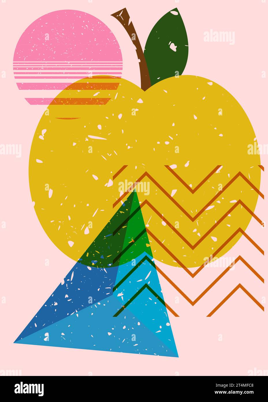 Risograph apple with geometric shapes. Fruit and object in trendy riso ...