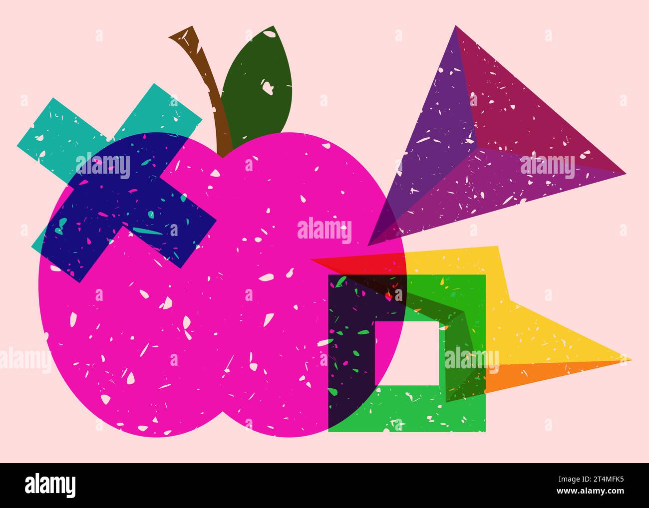 Risograph apple with geometric shapes. Fruit and object in trendy riso ...