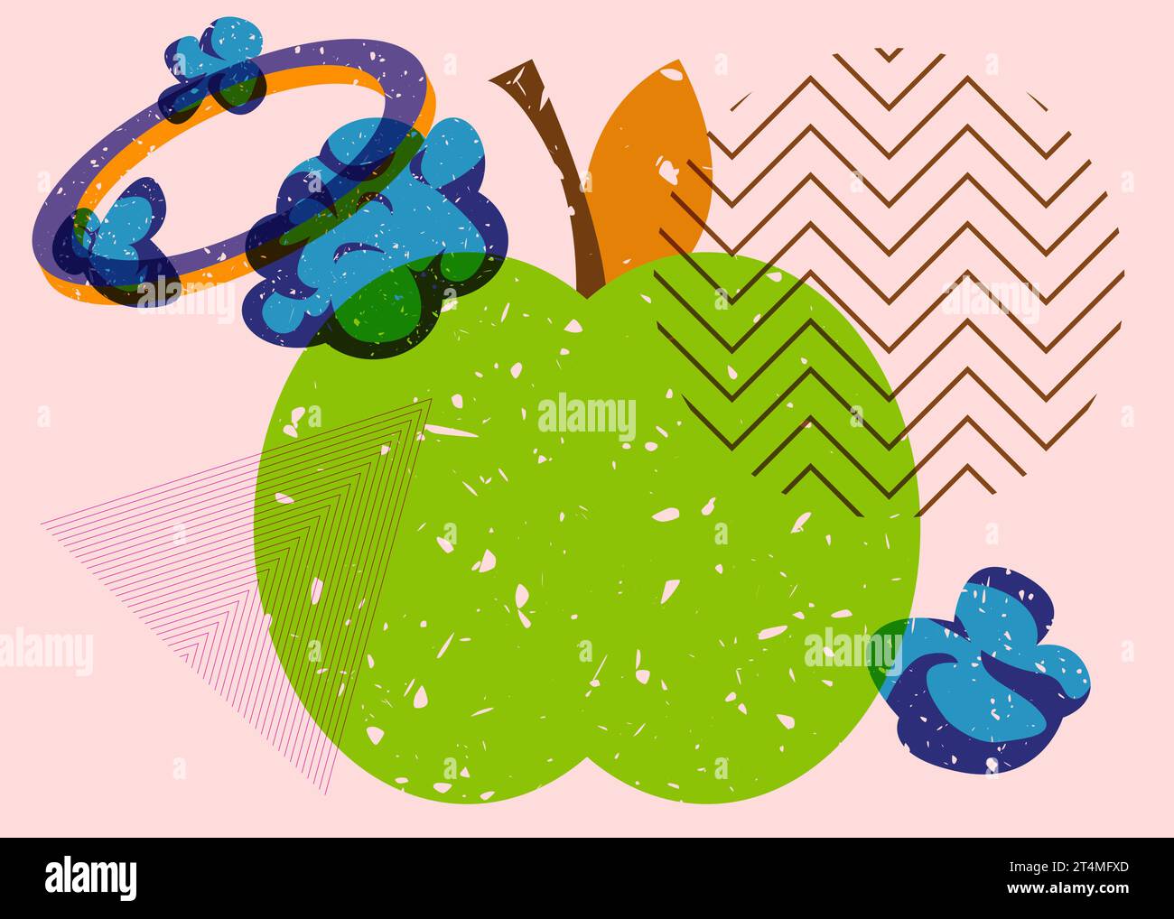 Risograph apple with geometric shapes. Fruit and object in trendy riso ...
