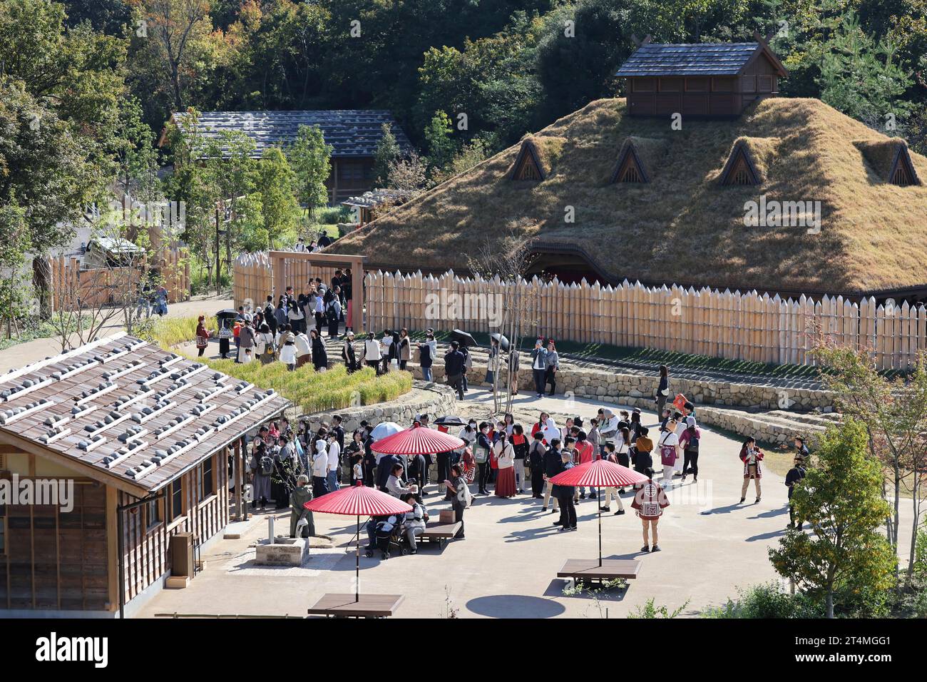 People visit the Mononoke Village area at Ghibli Park in Nagakute, Aich ...