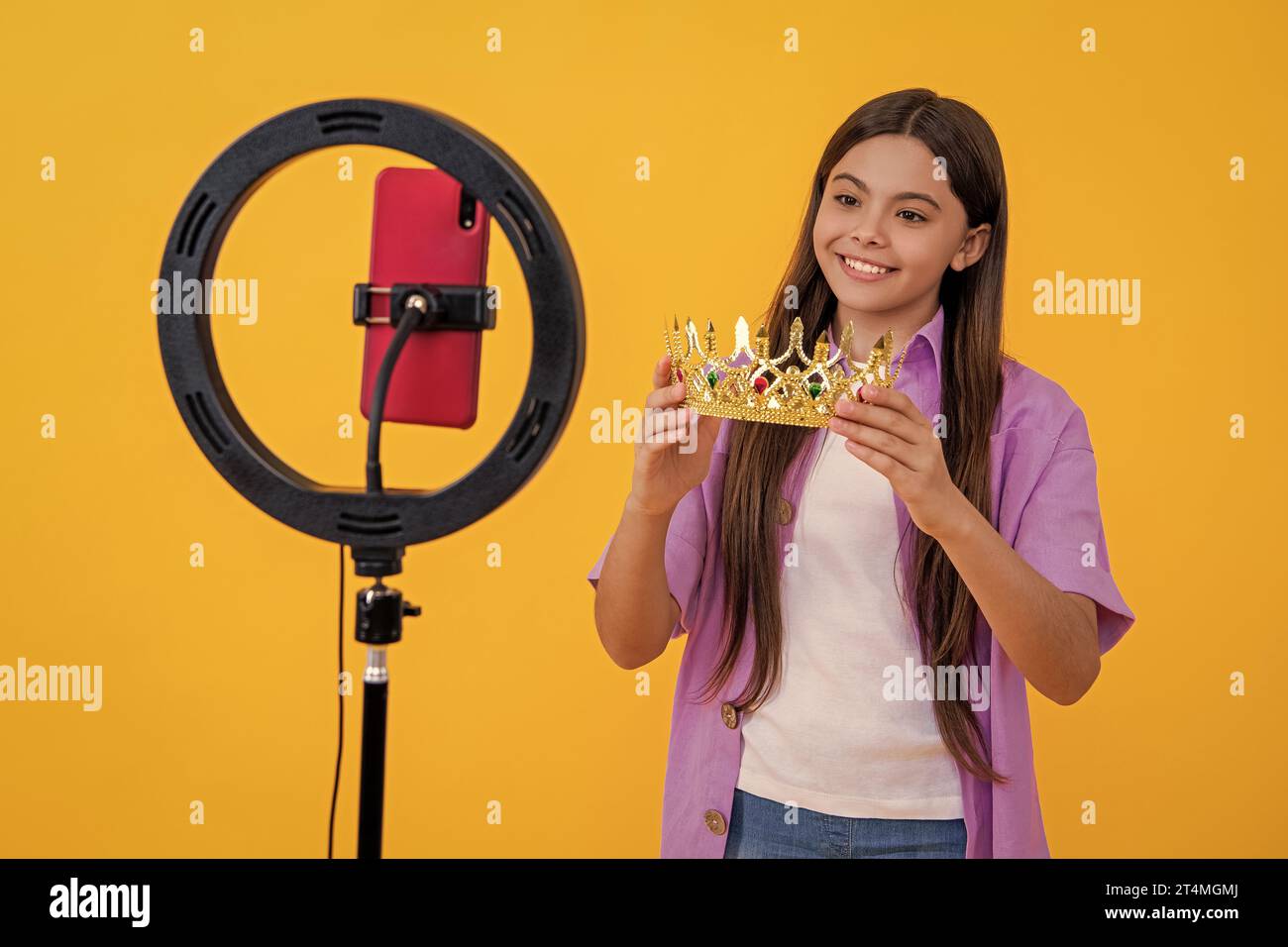 smiling teen girl influencer with crown on background. photo of teen ...