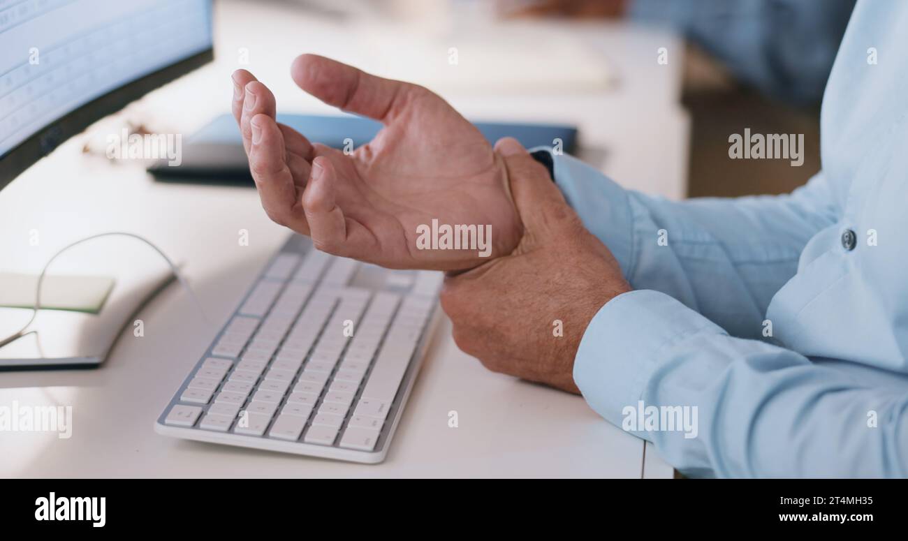 Businessman, hands and wrist in joint pain from injury, overworked or ...