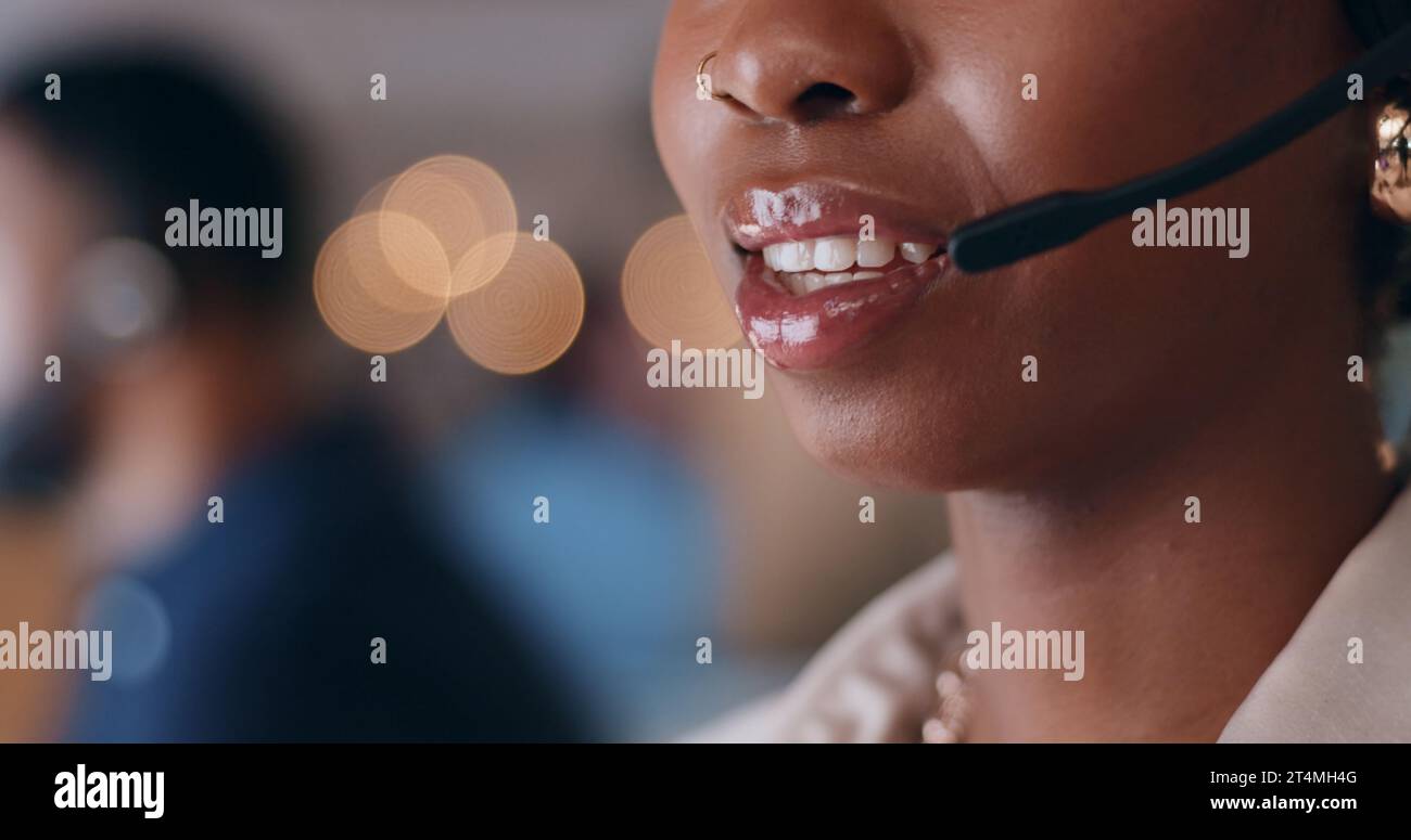 Call center, closeup and mouth of woman consulting in office for ...