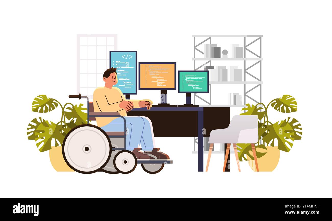 disabled man programmer in wheelchair sitting at workplace software ...